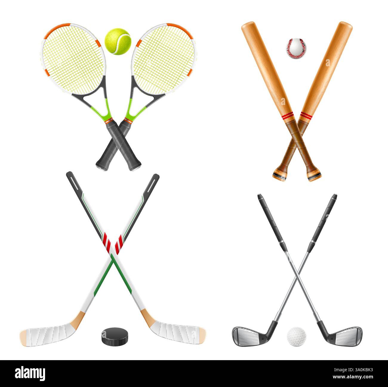 Sports equipment. Crossed baseball bats. Tennis racket. Team game balls ...
