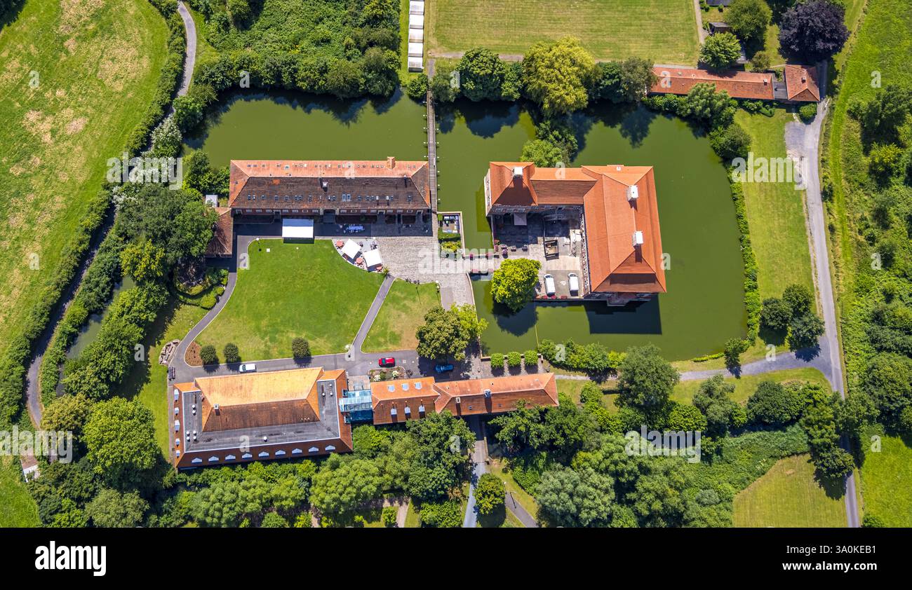Aerial view, Oberwerries Castle, moated castle and river Lippe with ...