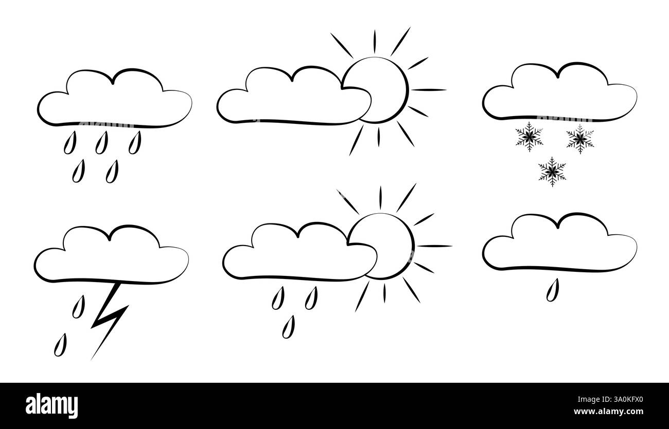 Weather symbols illustrating various conditions including rain, sun, and snow with lightning in ...