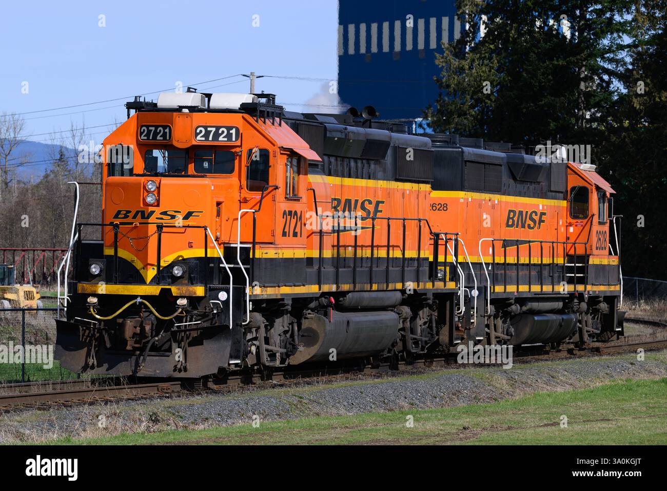 Mount Vernon, WA, USA - February 26, 2025; BNSF local freight GP39 locomotives awaiting ...