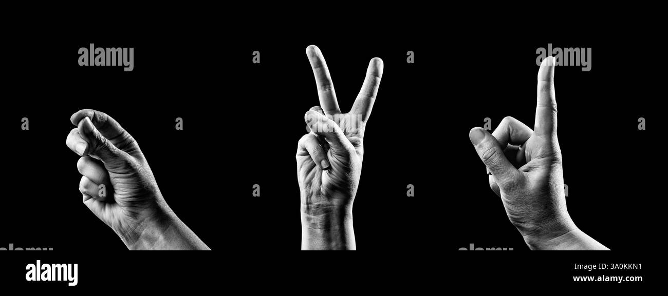 Three Hands Gestures Sign Set Isolated on Black Background Stock Photo ...