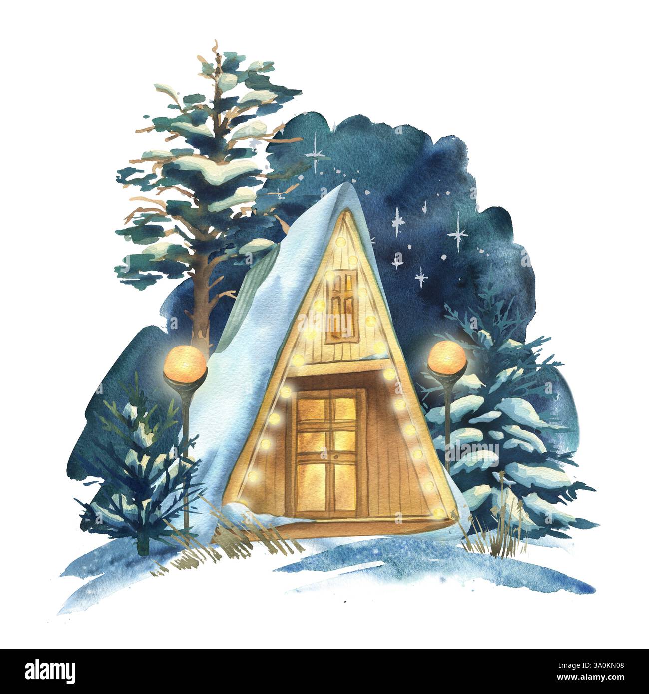 Winter landscape in the night forest with a wooden triangular house ...