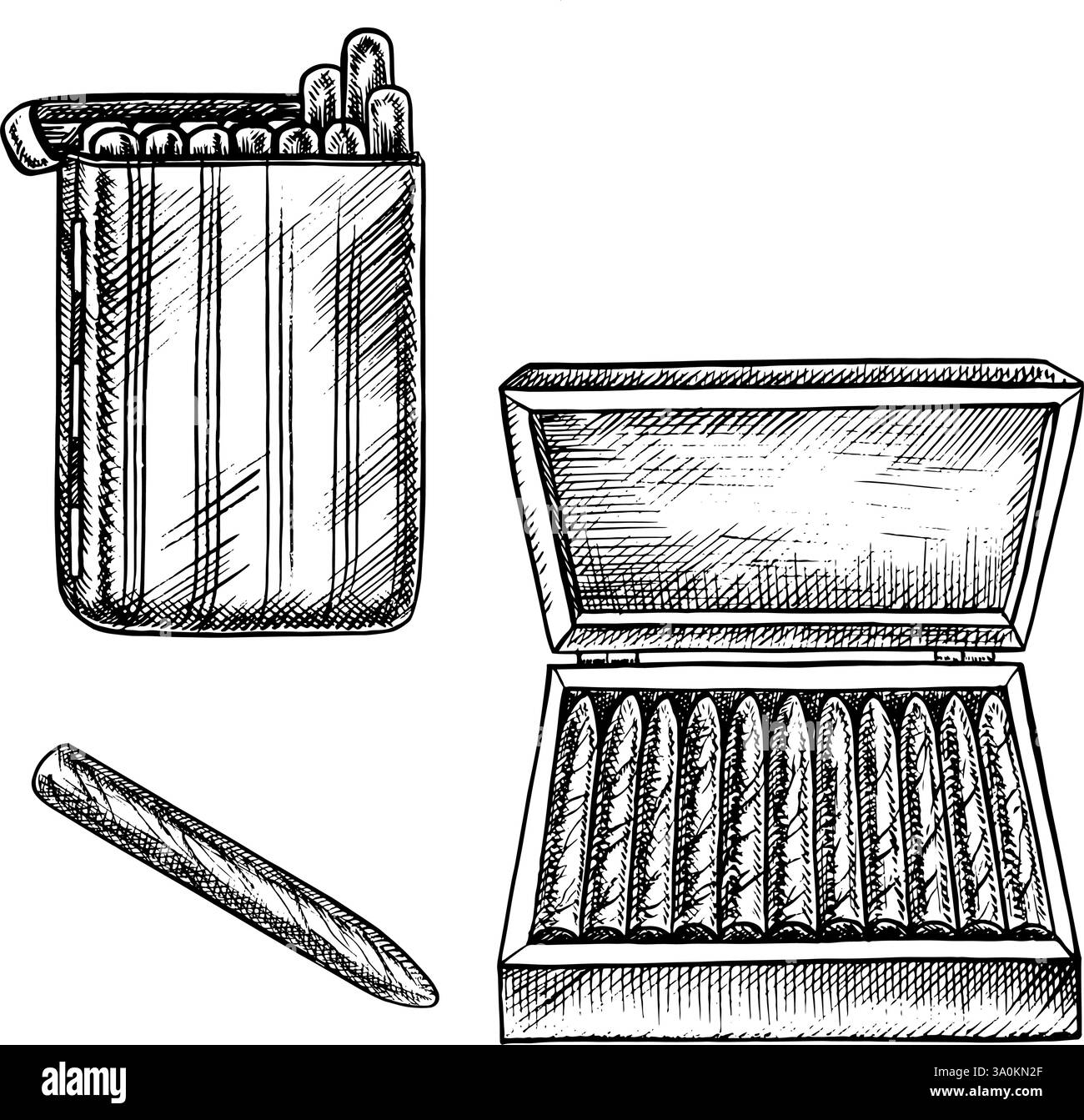 Boxes of expensive cigars. A vector graphic illustration made by hand. Black and white image of ...
