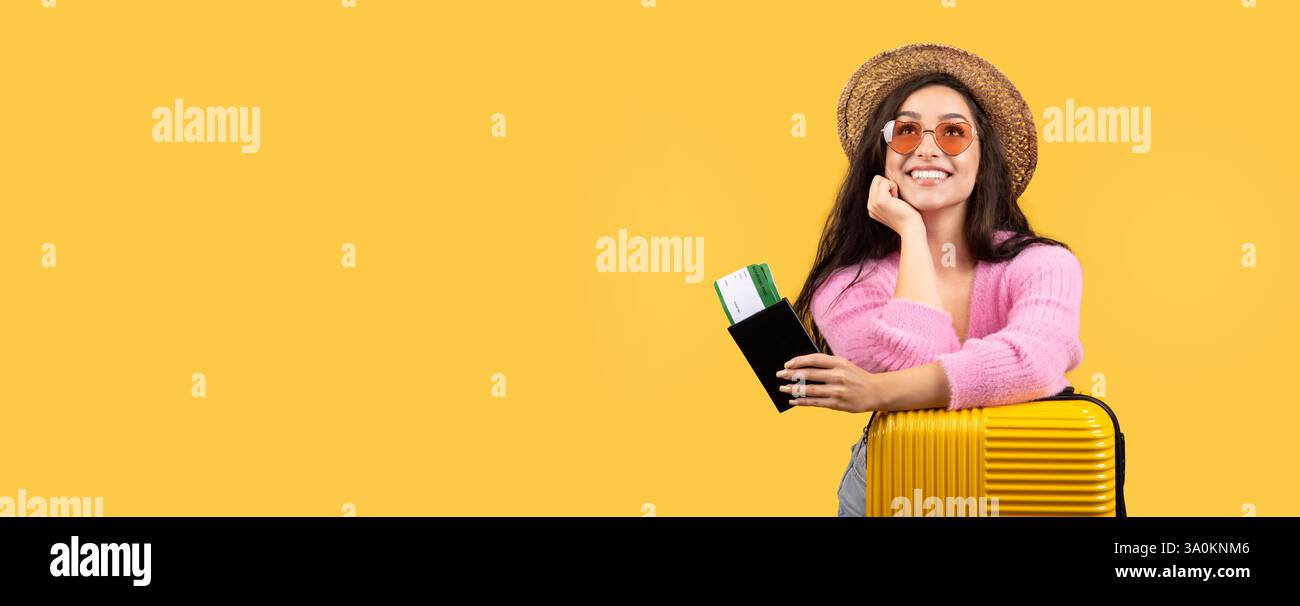 Excited millennial traveler with luggage, ready for adventure Stock ...