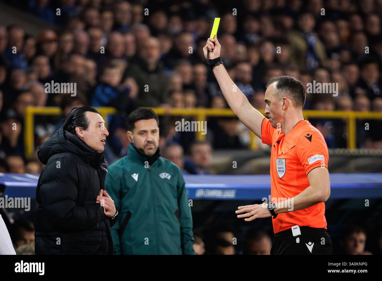 Aston Villa manager Unai Emery is shown a yellow card by referee Joao ...