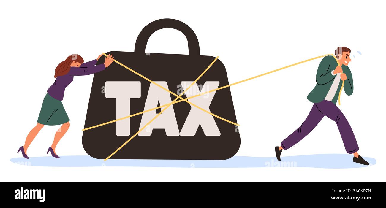 Burden taxes for young family. Couple pulling duty weight. Debt payment ...