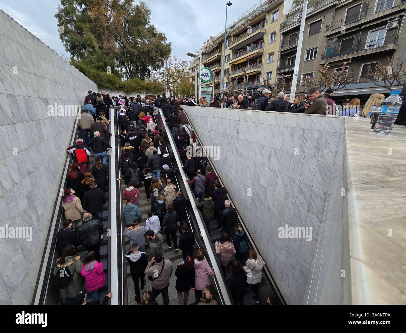 Athens, February 28, 2025: Commuters and tourists crowd the escalators ...