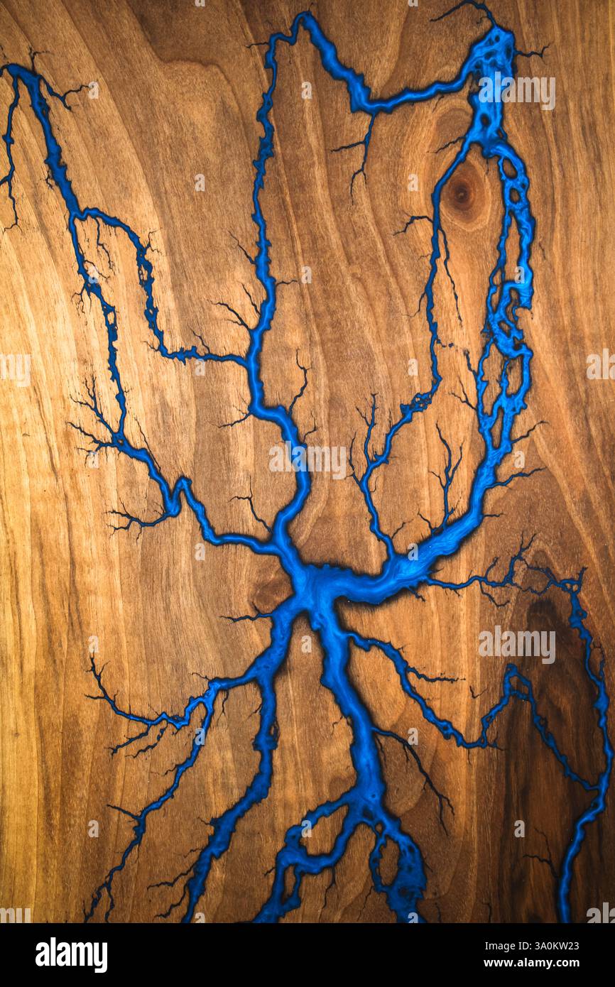 A striking wooden slab features intricate patterns of blue resin ...