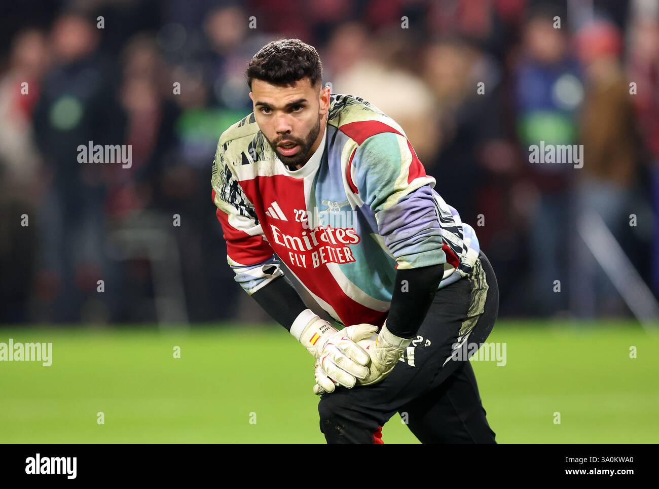 Arsenal goalkeeper David Raya warms up before the UEFA Champions League ...