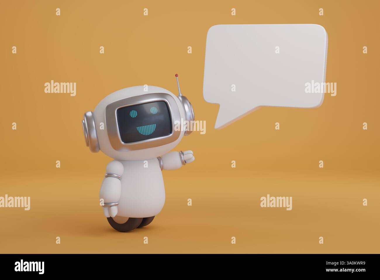 Wheeled cute robot with speech bubble on orange background. 3d ...