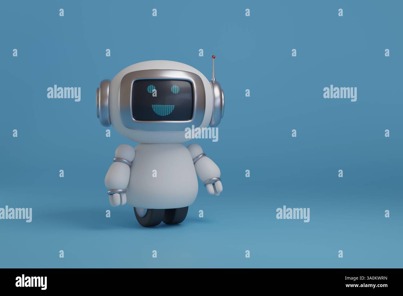 Cute happy robot on blue background with copy space. 3d illustration ...