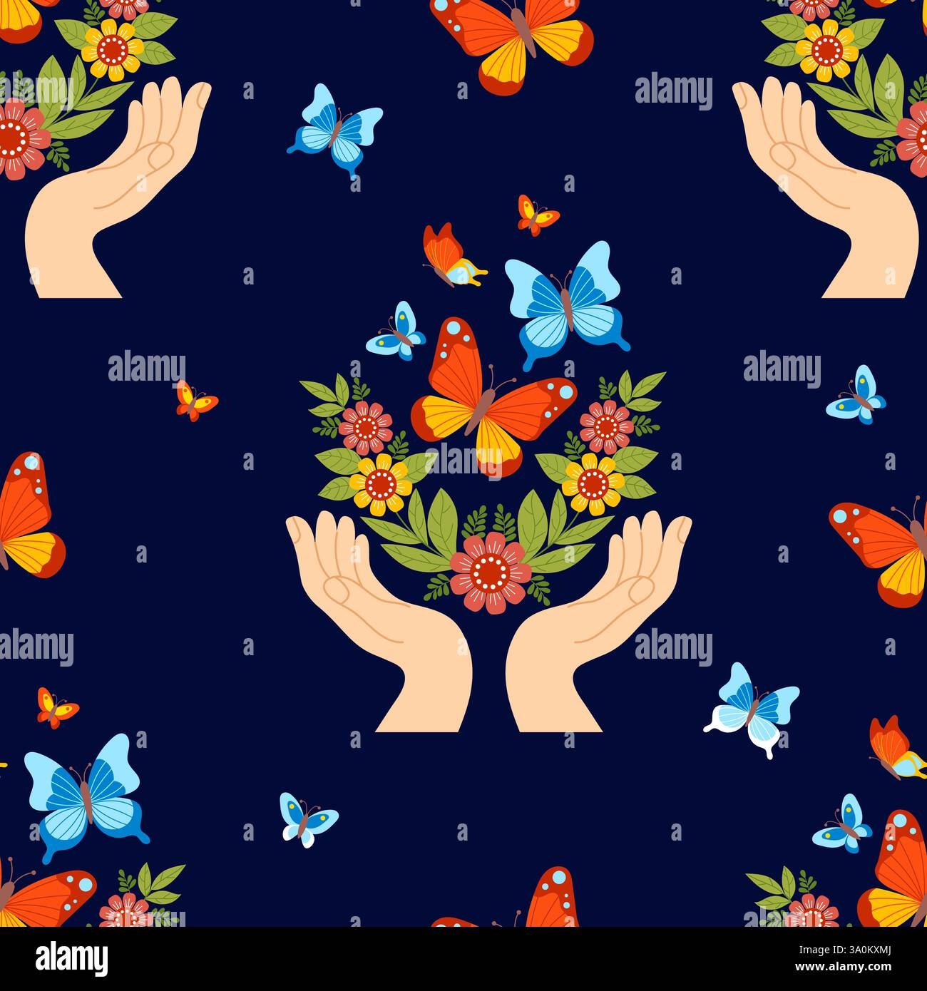 Seamless pattern nature and beauty. Palms of hands with flowers and ...