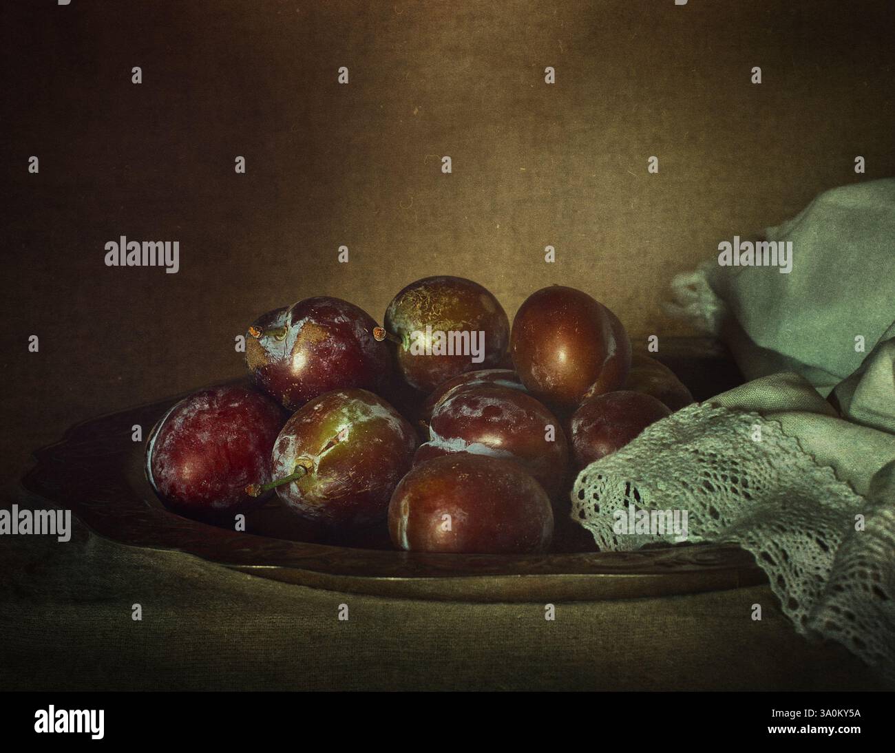 Art Still Life with plums on a tray Stock Photo - Alamy