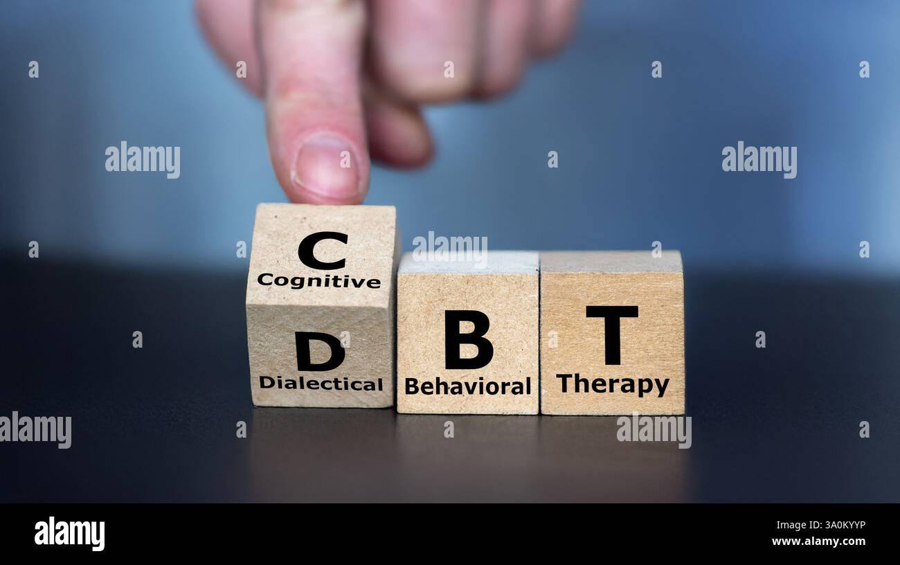 Cubes form the acronym CBT (Cognitive Behavioral Therapy) and DBT (Dialectical Behavior Therapy ...