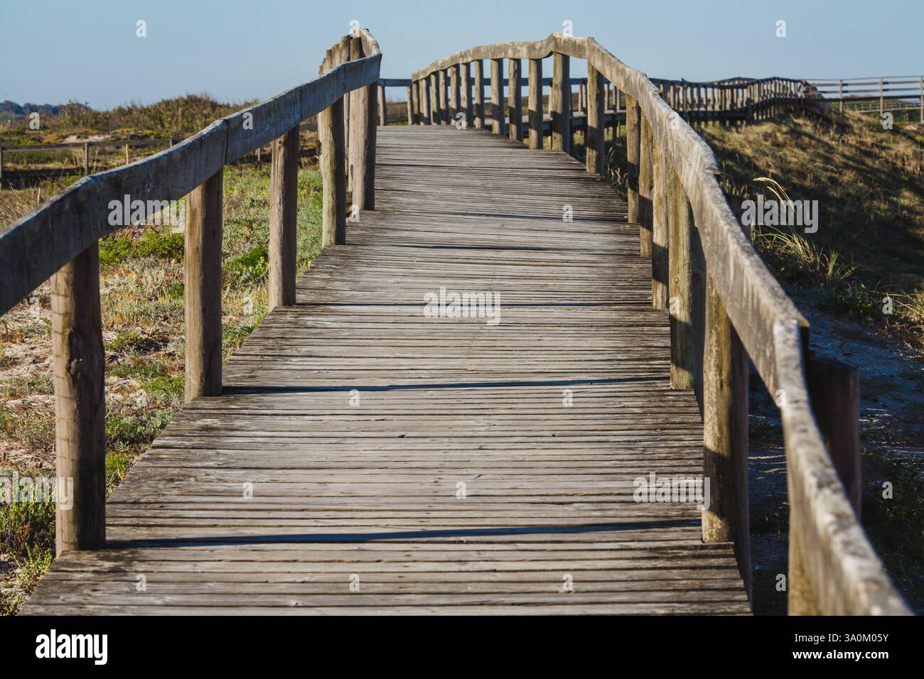 a long wooden boardwalk stretching across a coastal or natural ...