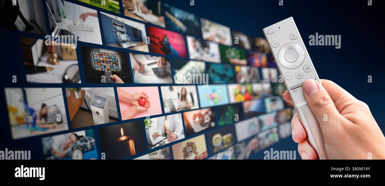 Media concept video wall with small screens, streaming service or VOD ...