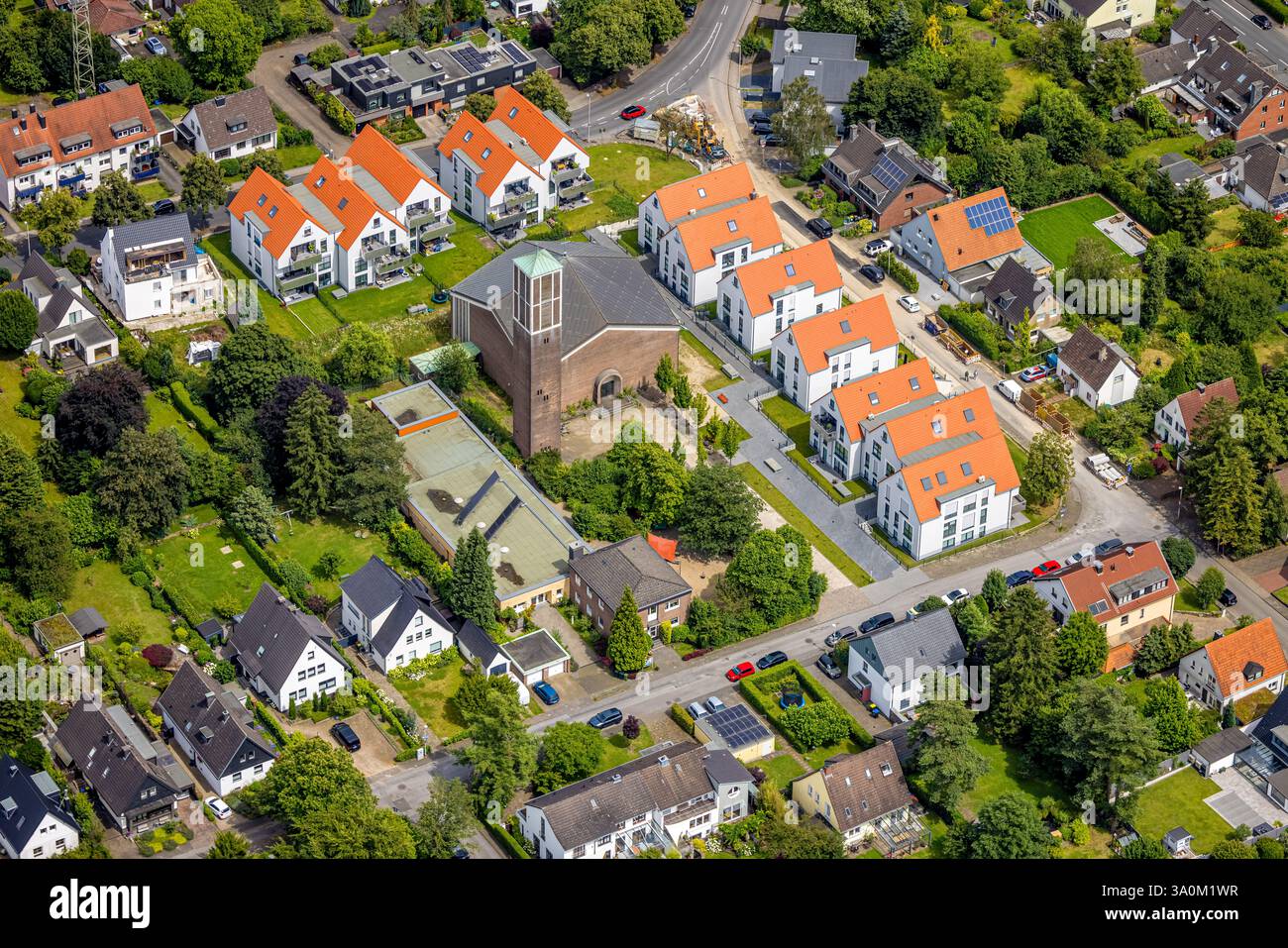 Aerial view, new housing estate Lindenhof, protestant church and ...