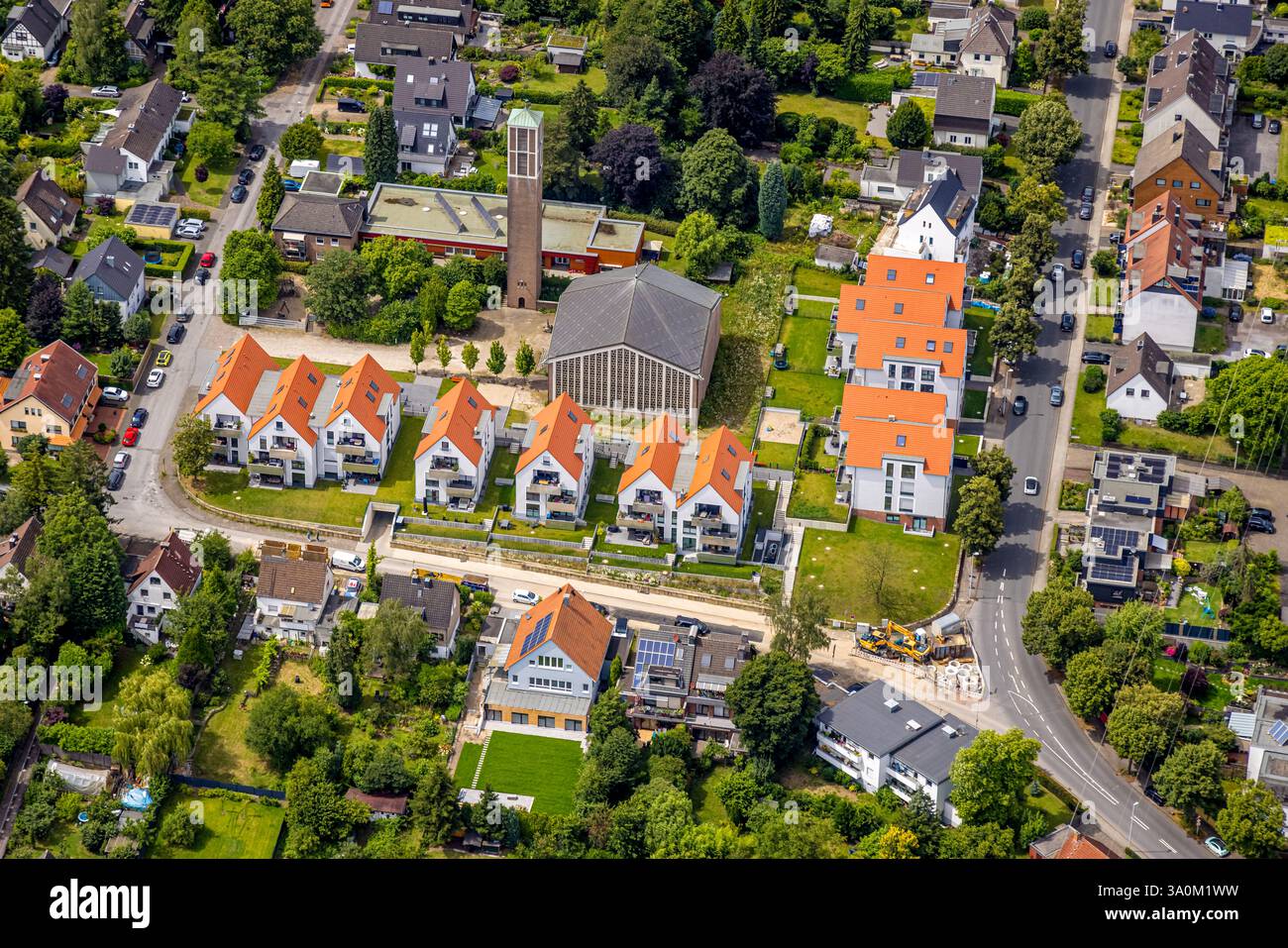 Aerial view, new housing estate Lindenhof, protestant church and ...