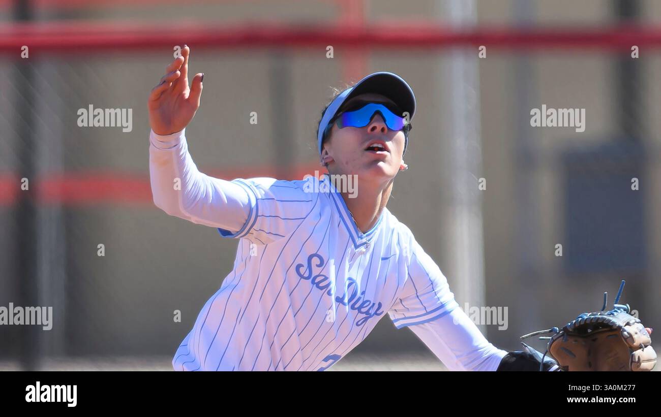San Diego infielder Hailey Mulligan runs to catch the ball during an ...