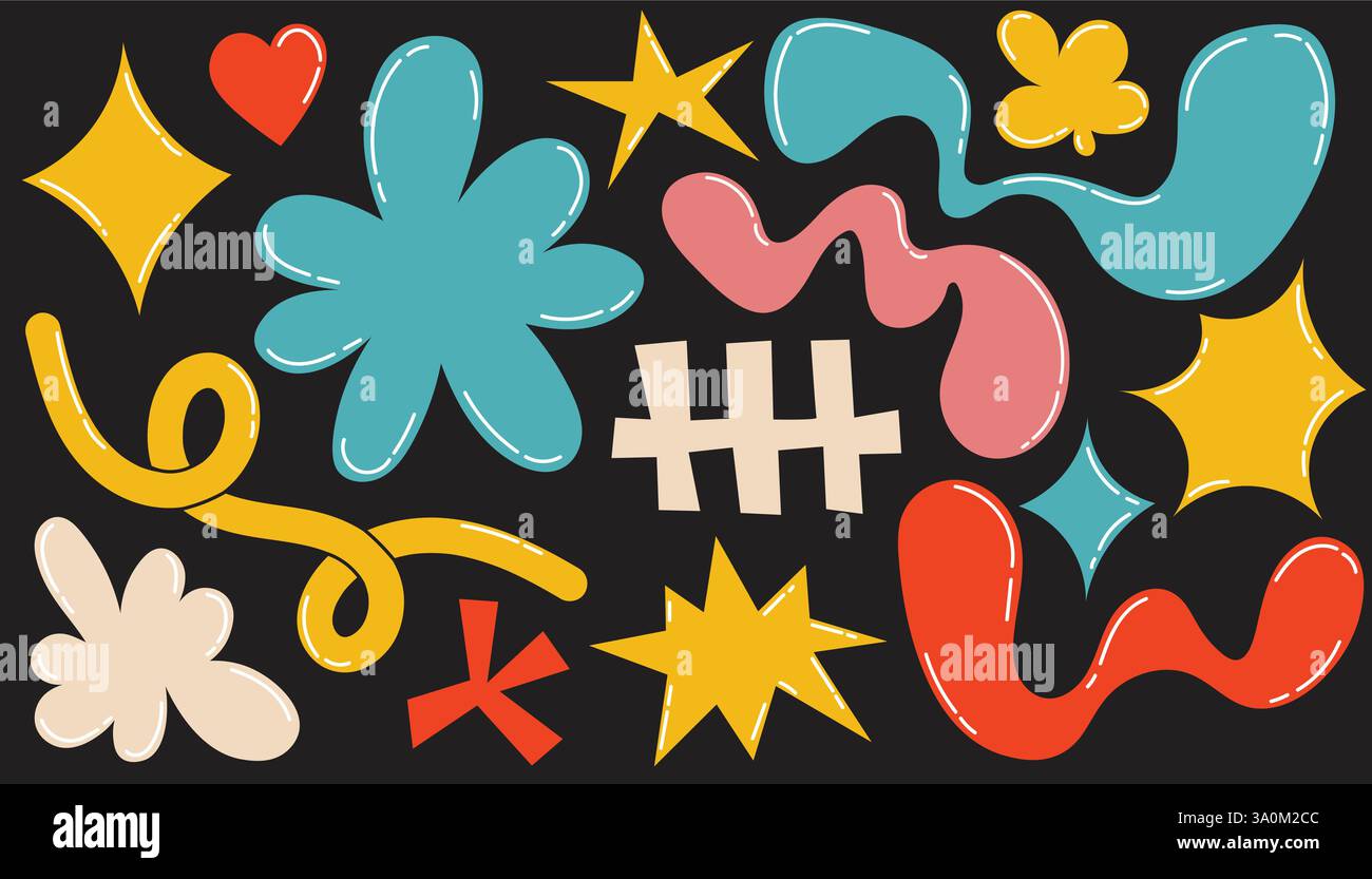 A Vibrant Abstract Composition Featuring Various Geometric And Organic Shapes On A Black