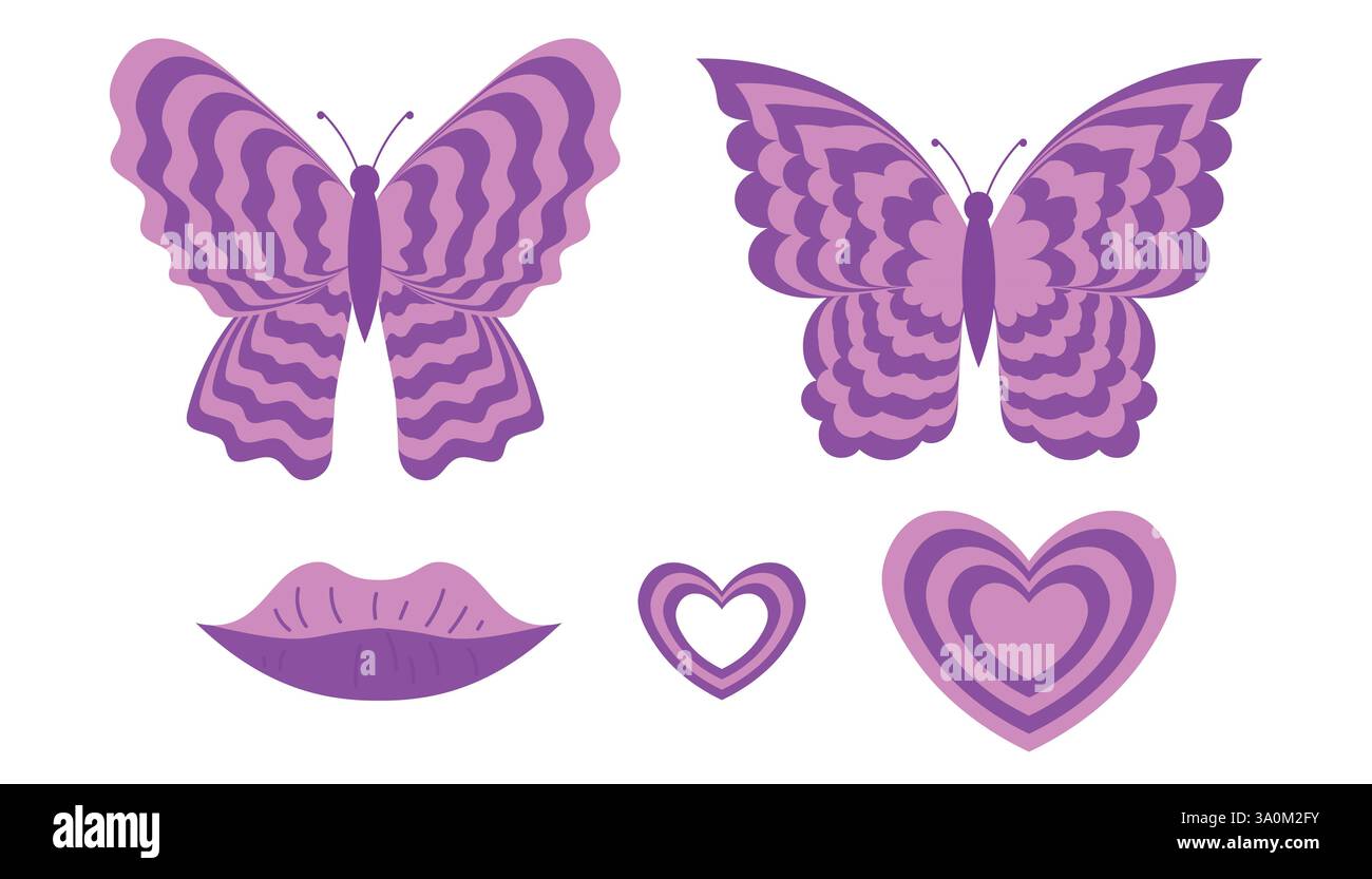 Set of girly groovy butterfly and hearts print. Hypnotic retro style ...
