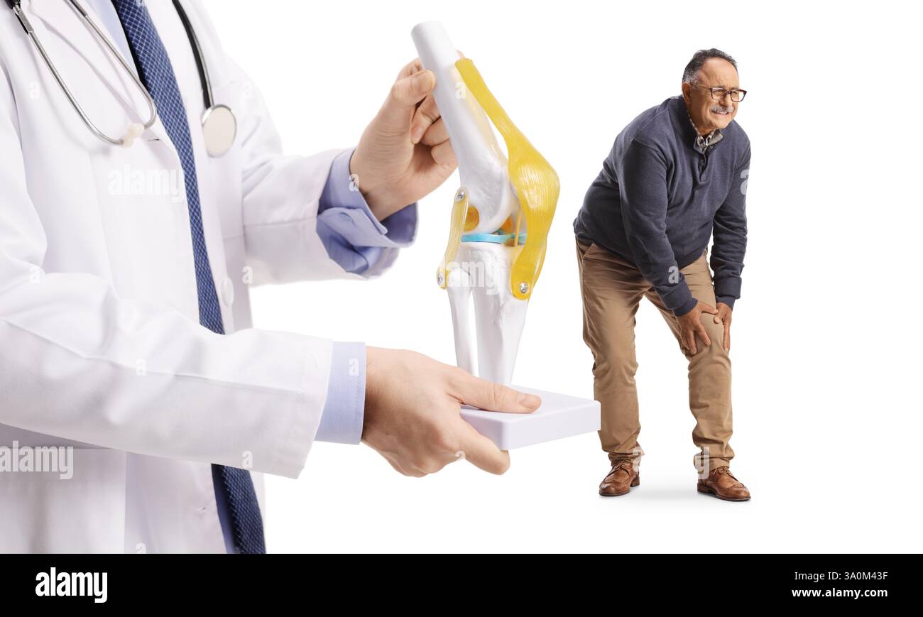 Man suffering knee pain and doctor holding a knee bone model isolated ...