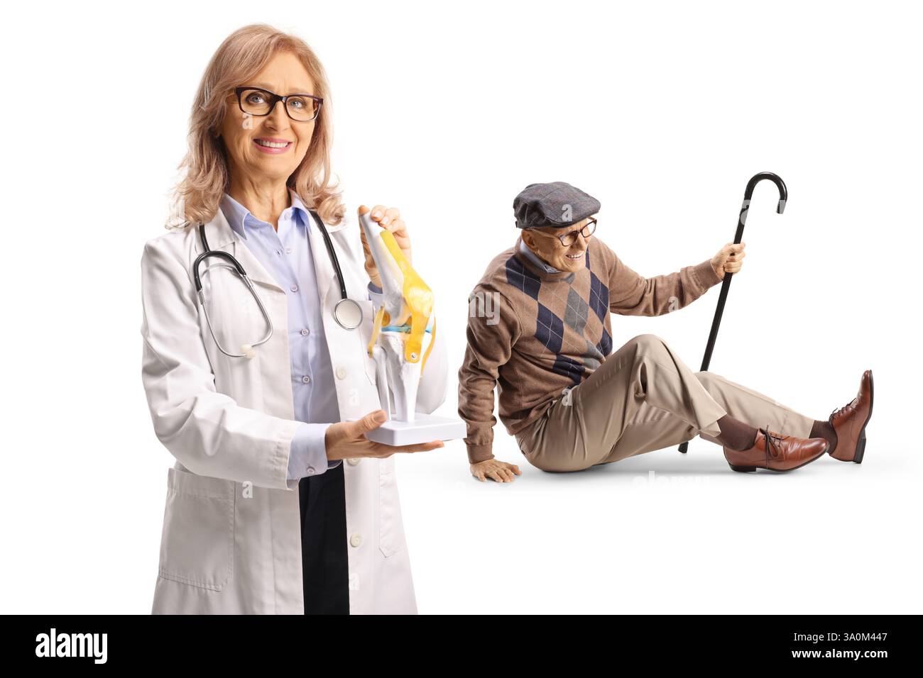 Old man with knee pain sitting on the ground and female doctor holding ...