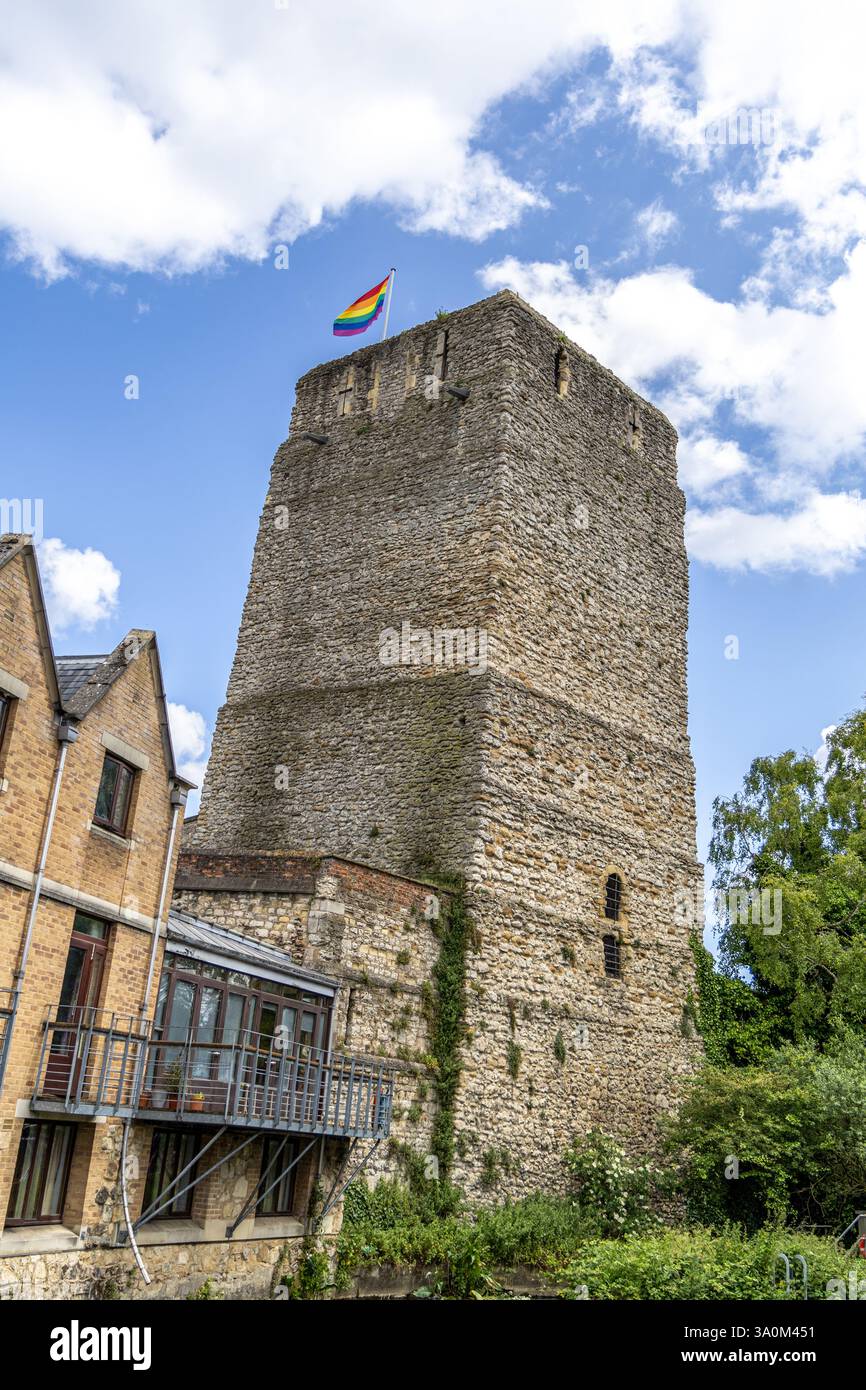 Oxford Castle Unlocked Tower with LGBTQ flag Stock Photo - Alamy