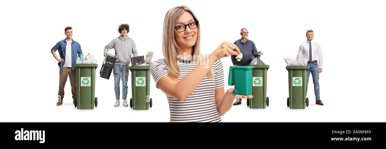 Young woman throwing a piece of garbage and group of men recycling ...