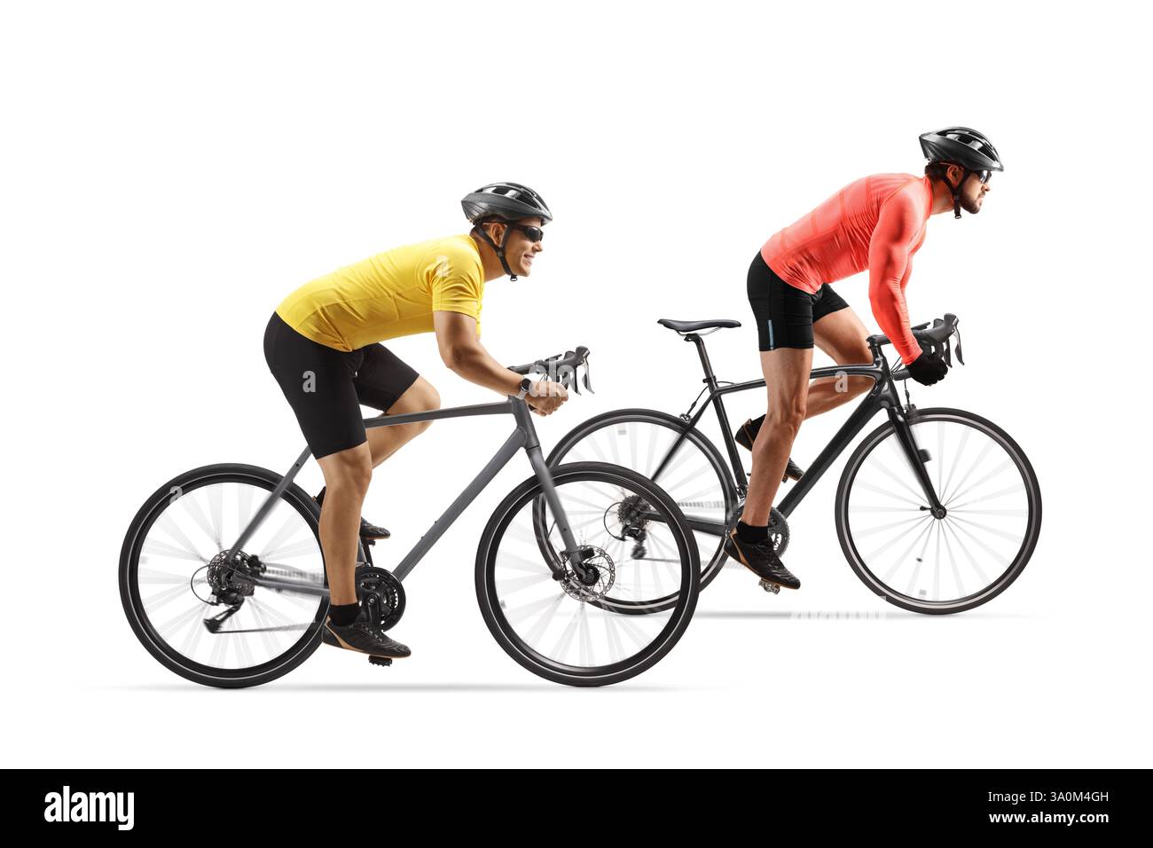 Two male cyclists riding bicycles isolated on white background Stock ...