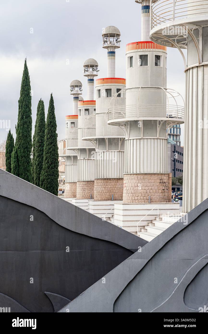 Detail view of the peculiar lighting towers of the Parque de la Espana ...