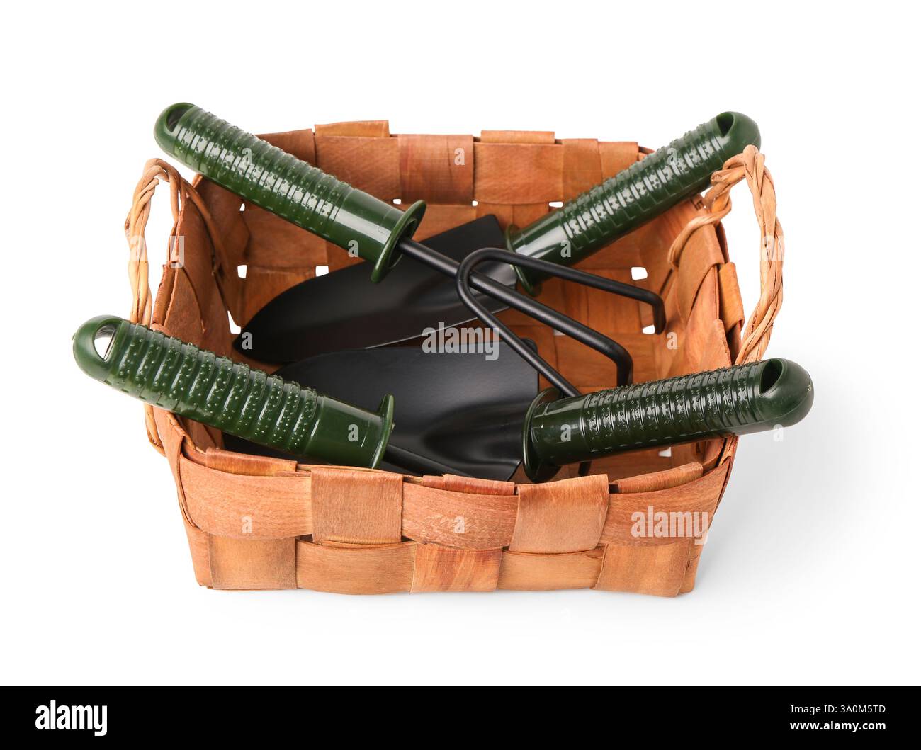Gardening tools in basket on white background Stock Photo - Alamy