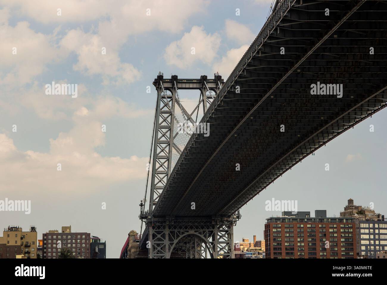 A dramatic low-angle view of williamsburg bridge in New York City contrasting glass, steel, and ...
