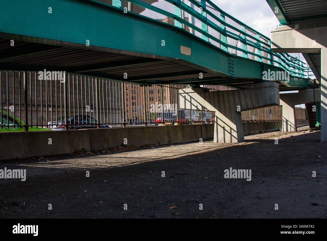 The upward perspective of an underpass in NYC by East River Park shot ...