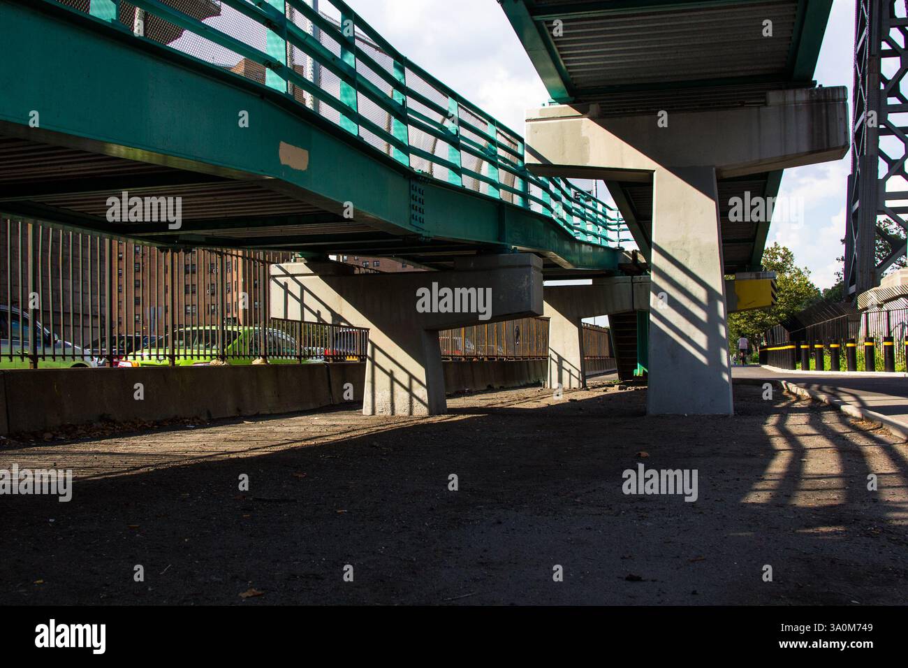 The upward perspective of an underpass in NYC by East River Park shot ...