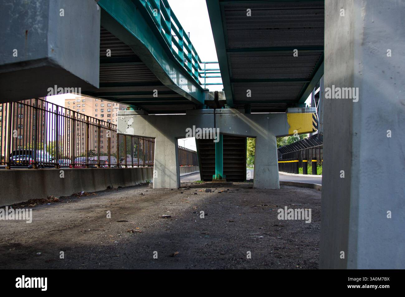 The upward perspective of an underpass in NYC by East River Park shot ...
