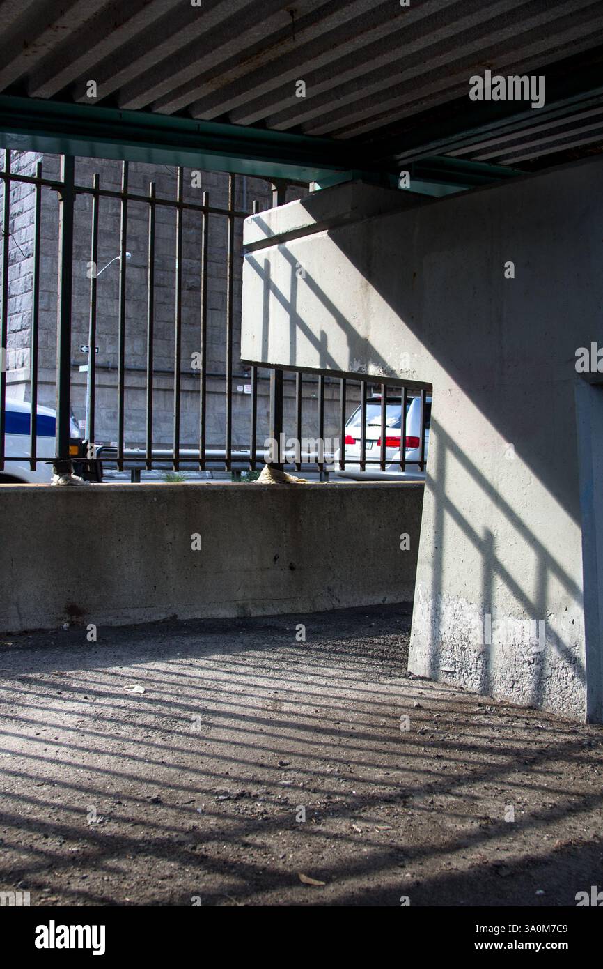 The upward perspective of an underpass in NYC by East River Park shot ...