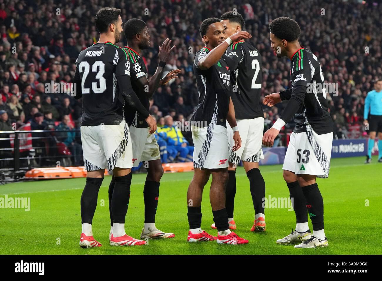 Arsenal's Mikel Merino celebrates after scoring his side's third goal ...