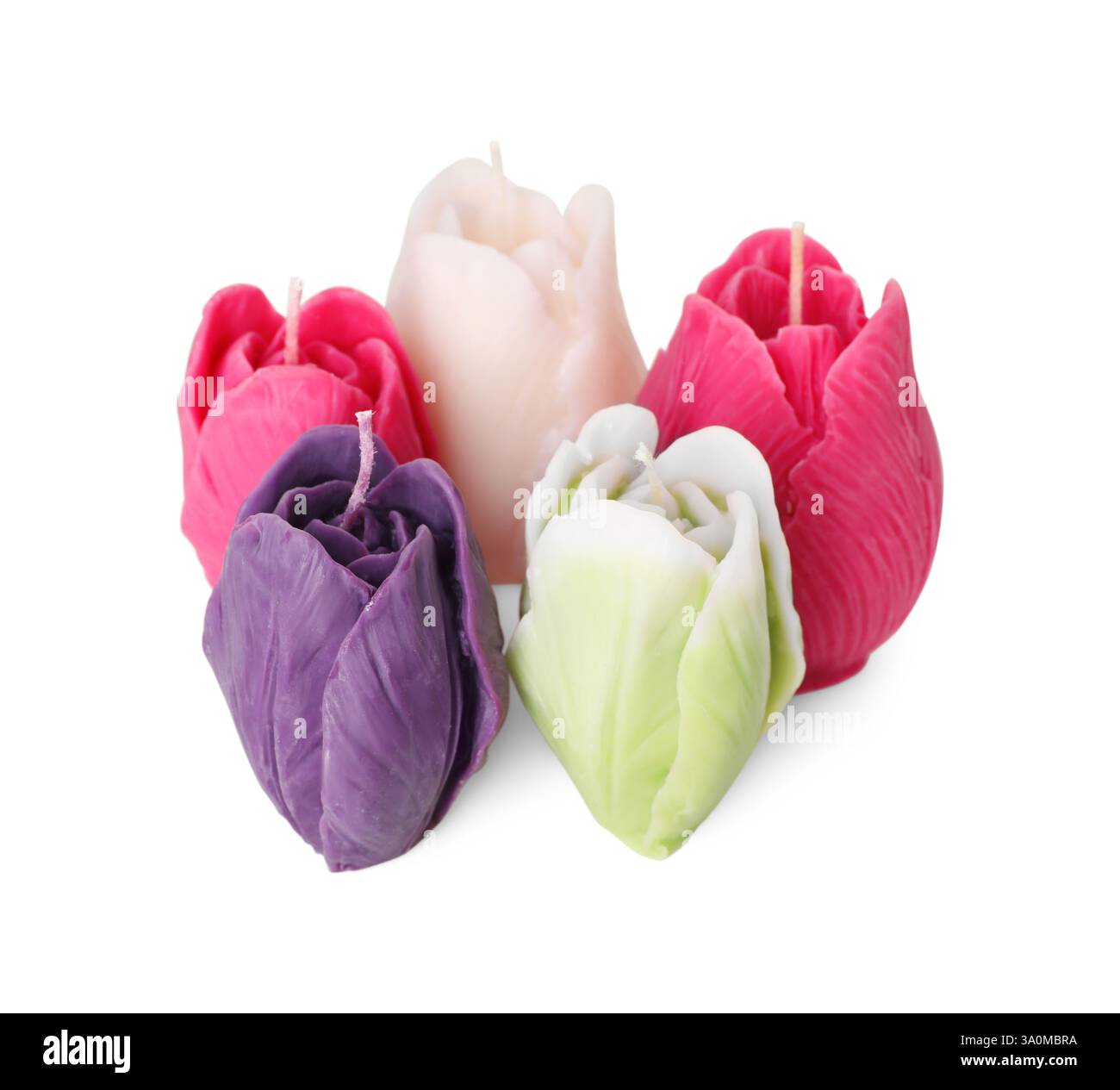 Many beautiful flower-shaped candles isolated on white Stock Photo - Alamy