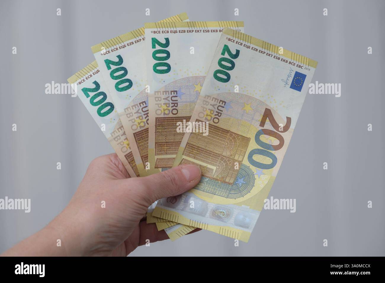 200 Euro-Scheine in einer Hand *** 200 Euro notes in a hand Nordrhein ...