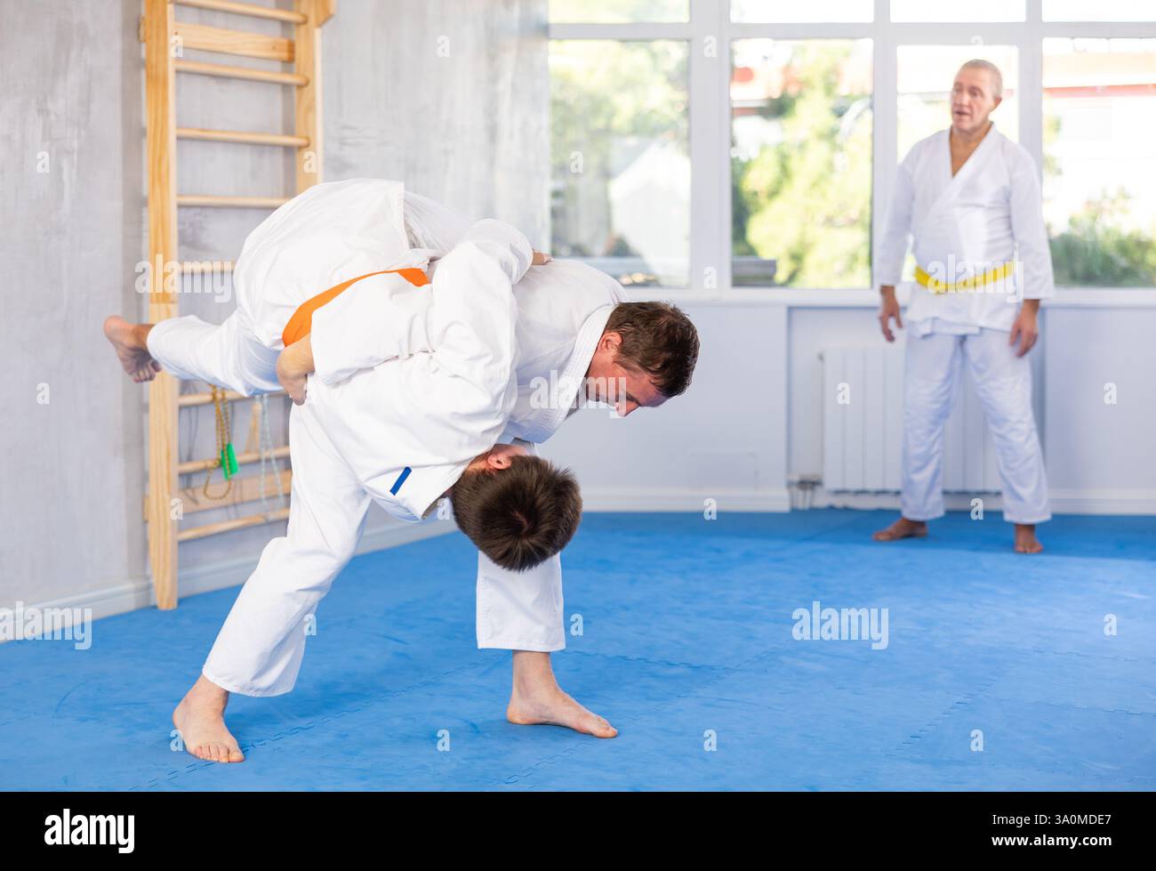 Adult and young men training judo fight Stock Photo - Alamy