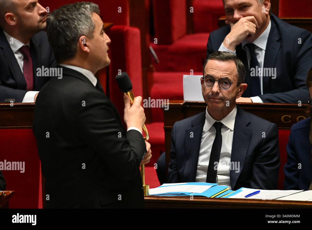 The Minister of the Interior, Bruno Retailleau listens to the response ...