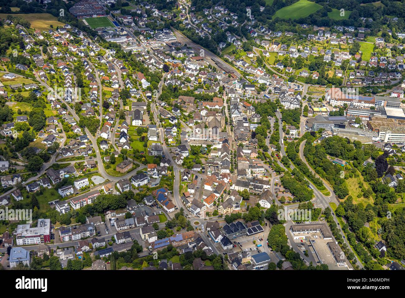 Aerial view, town center main street with St. Johannes church, Sundern ...