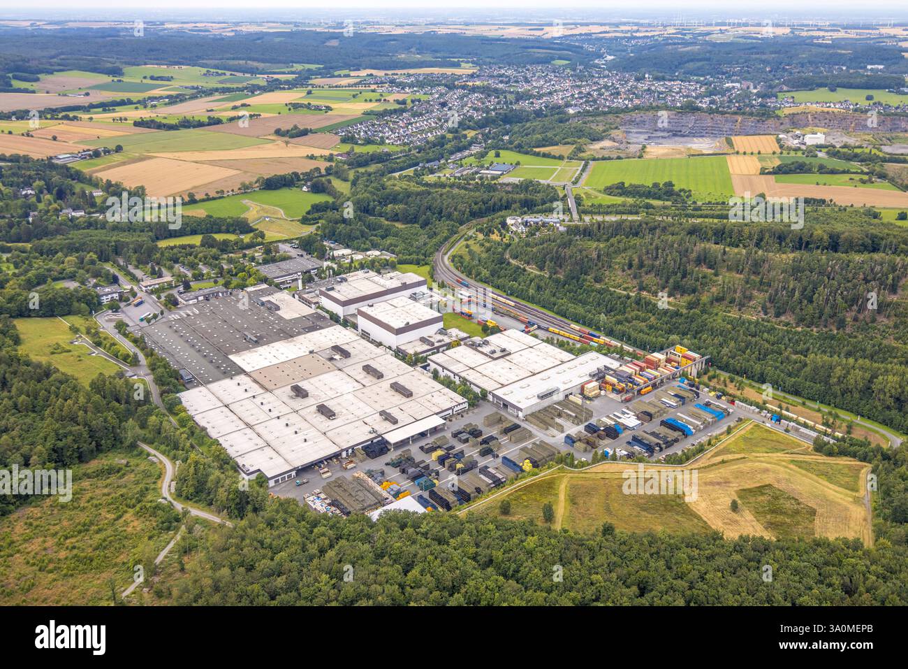 Aerial view, Warsteiner Brewery company premises with railroad siding ...