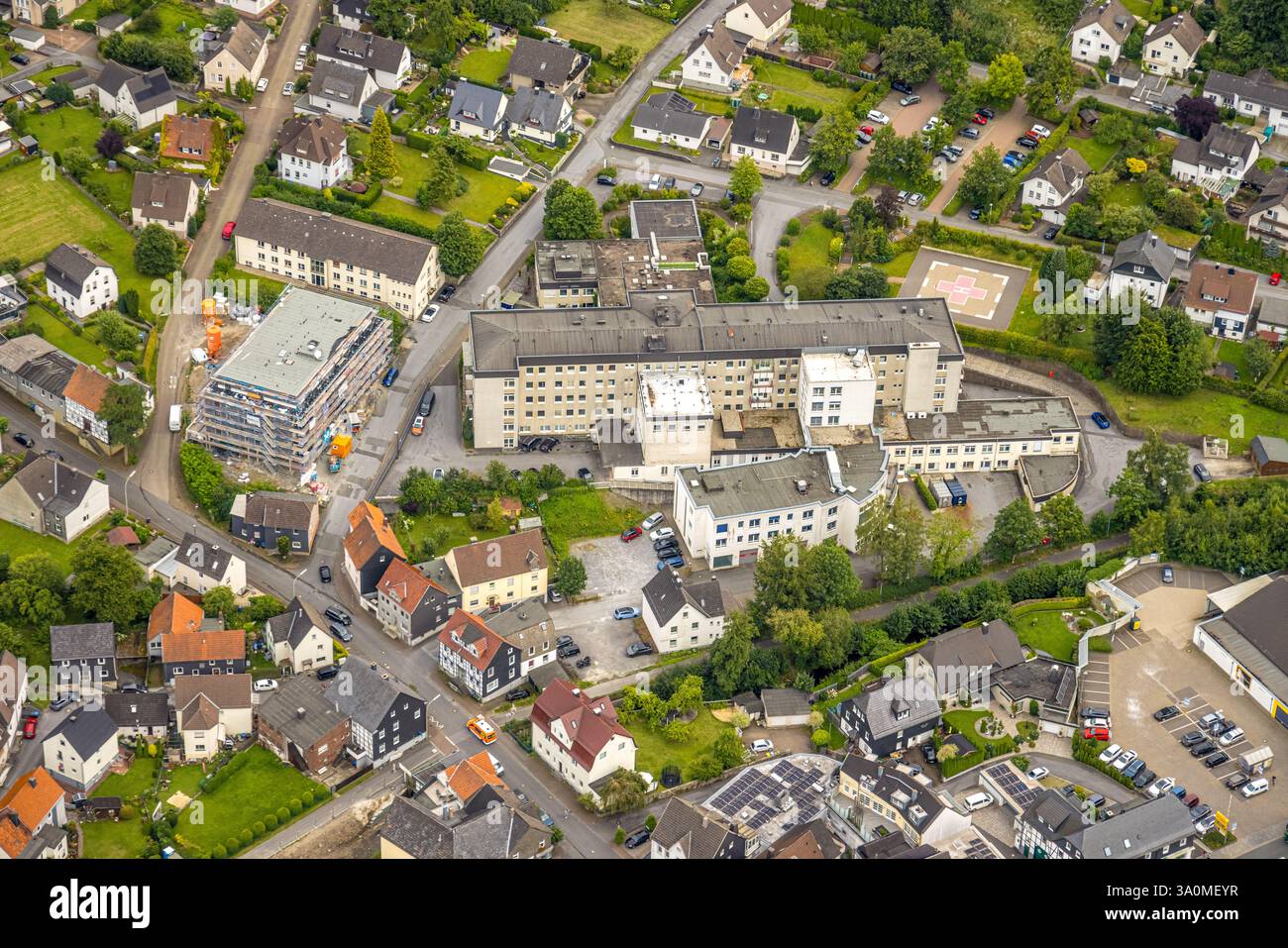 Aerial view, Maria Hilf Hospital with helipad, construction site with ...