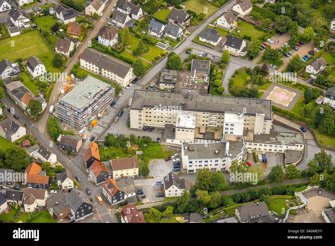Aerial view, Maria Hilf Hospital with helipad, construction site with ...