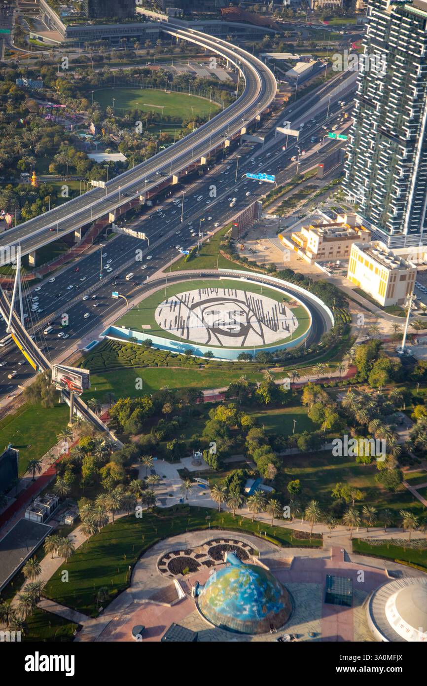 Monumental aerial portrait of Sheikh Zayed in landscaped park by ...