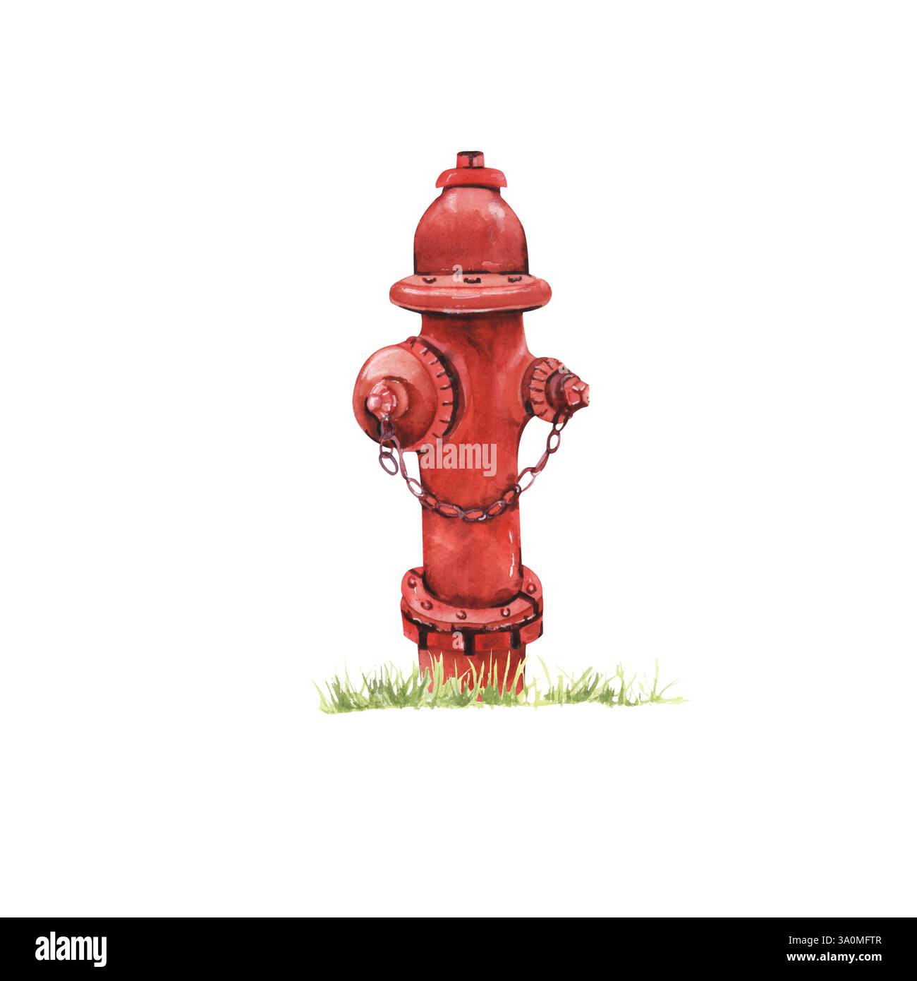 Watercolor red fire hydrant on a green grass patch Stock Photo - Alamy