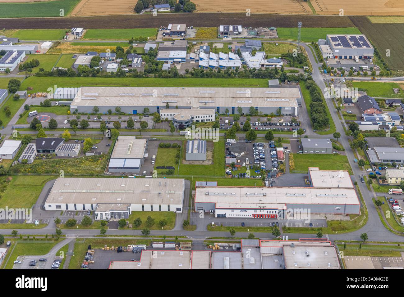 Aerial view, HARRES Metall-design GmbH shopfitter in the industrial ...