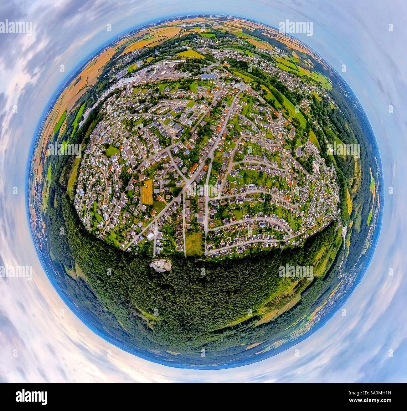 Aerial view, residential area, view of Belecke, earth globe, fisheye ...